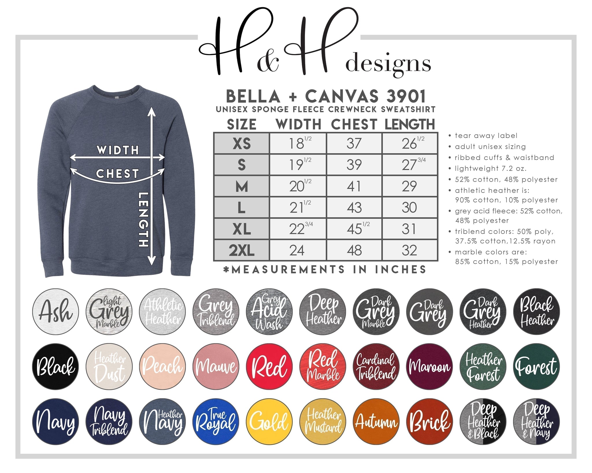 H&H Size and Color Charts – H&H Designs LLC