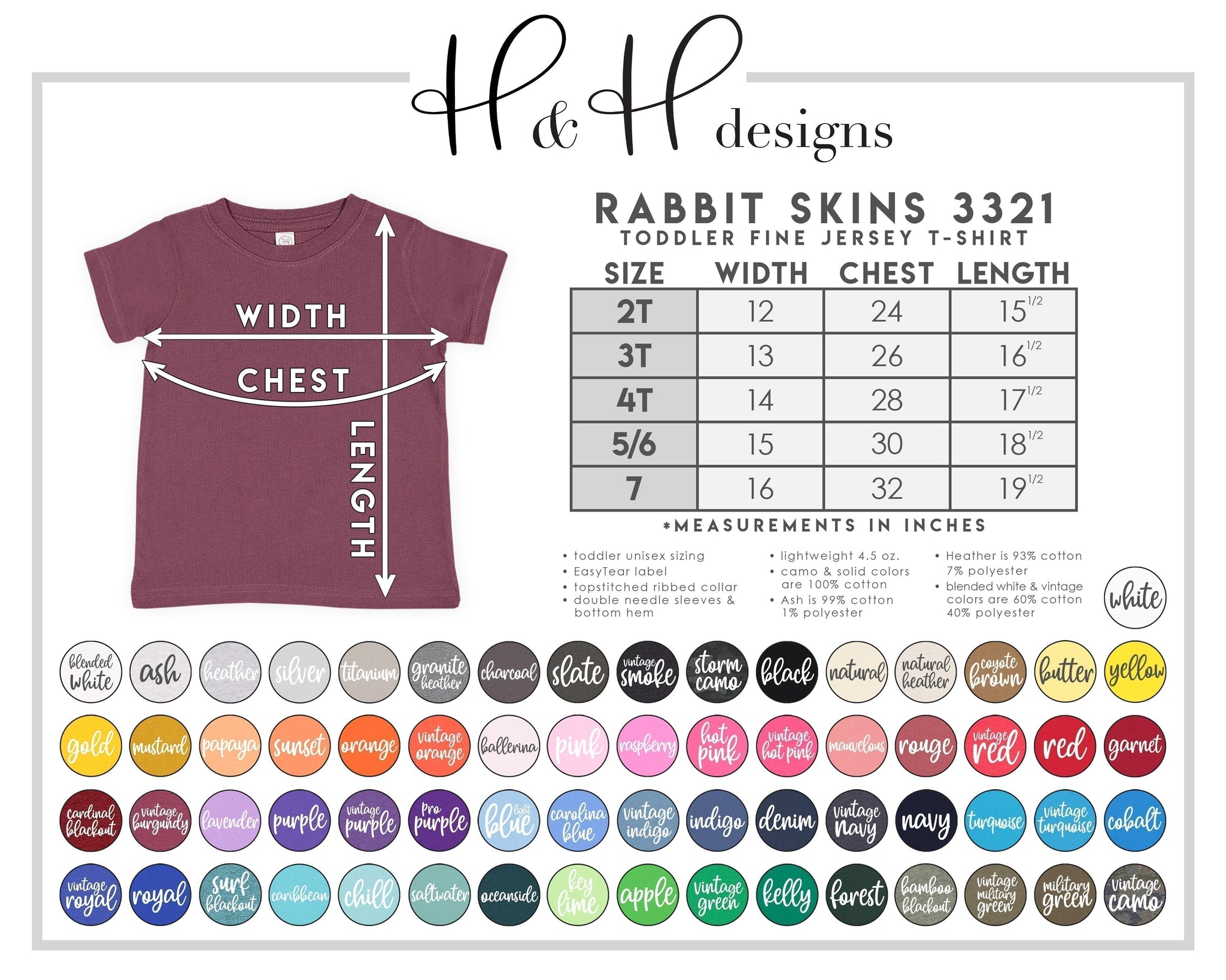 H&H Size and Color Charts – H&H Designs LLC