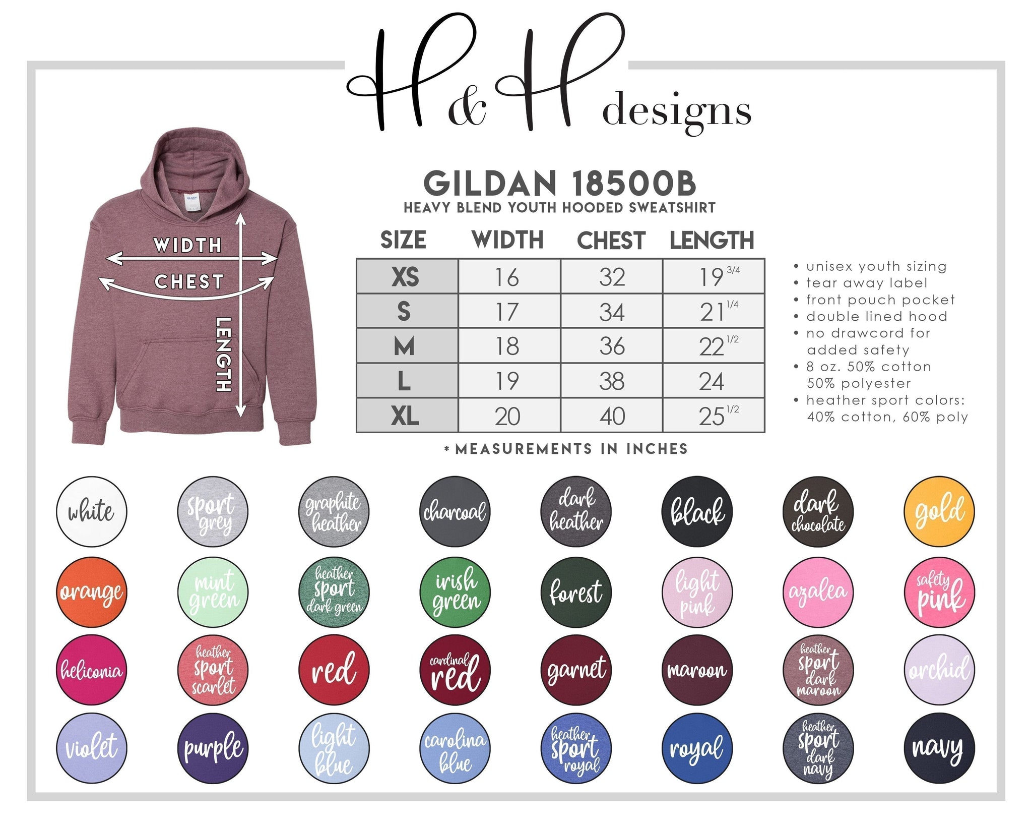 H&H Size and Color Charts – H&H Designs LLC