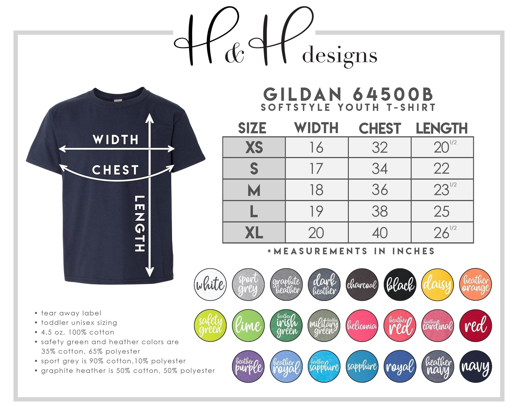 H&H Size and Color Charts – H&H Designs LLC