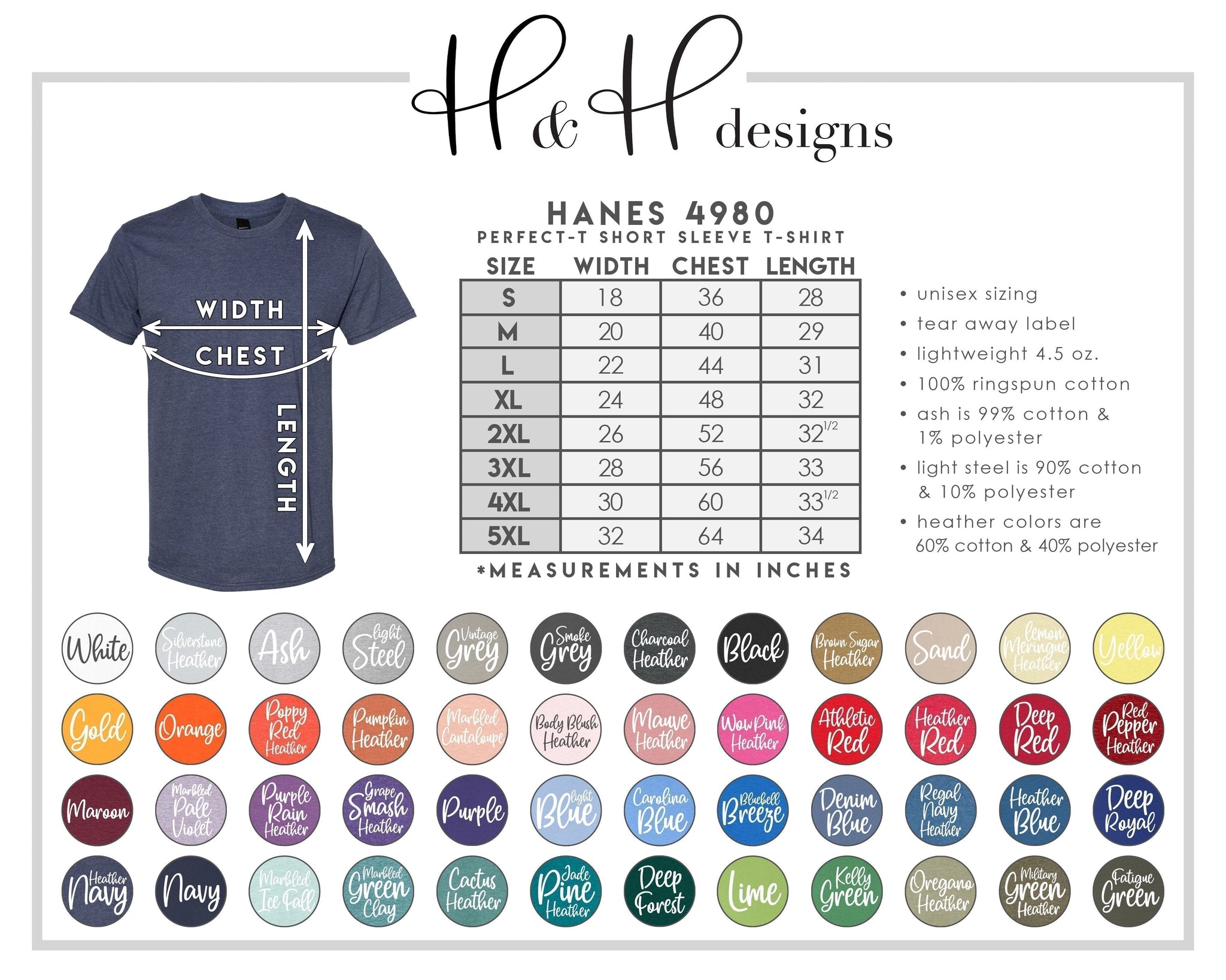 H&H Size and Color Charts – H&H Designs LLC